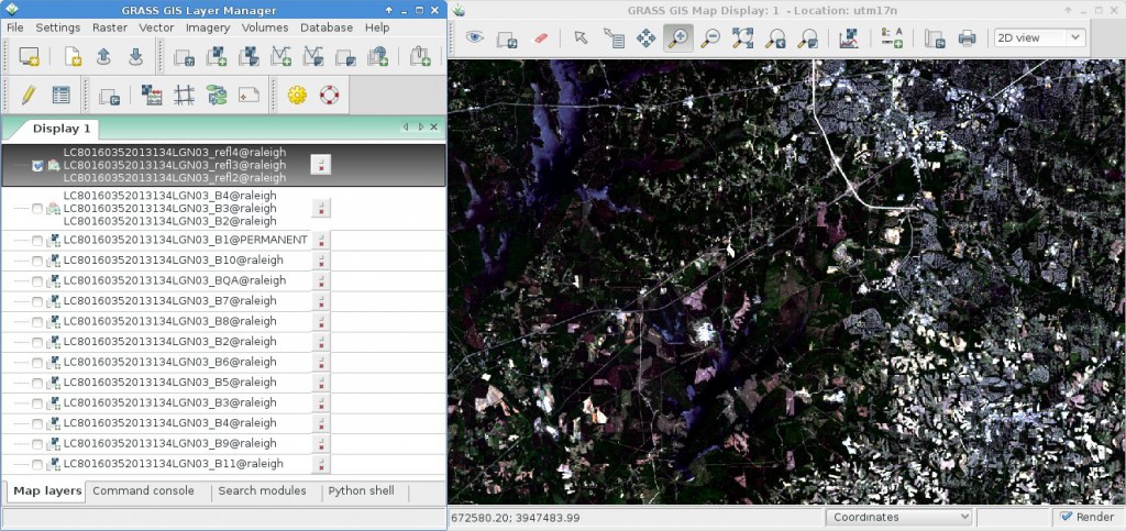 Processing Landsat 8 data in GRASS GIS 7: Import and visualization